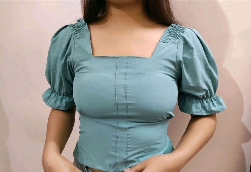 Women > Tops & Tunics | Pastel Blue Puff Top | Freeup