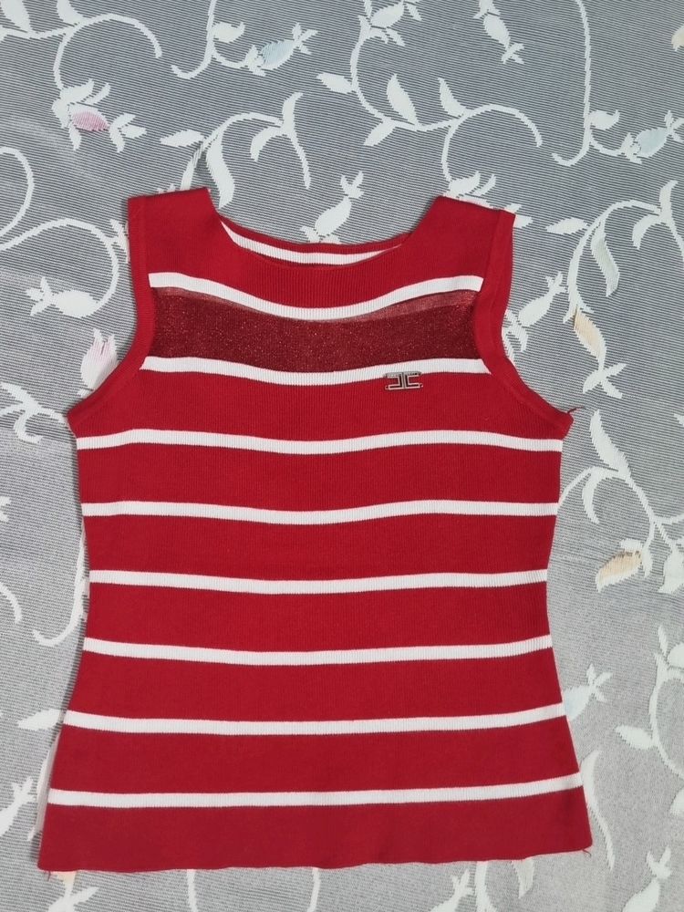 Women > Tops & Tunics | Sleeveless RED TOP With White Stripes | Freeup