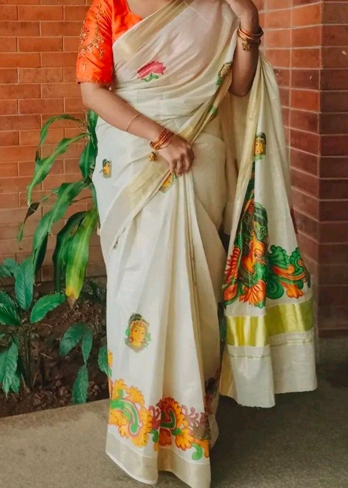 Women > Sarees | Mural Painted Kerala Tissue Set Saree | Freeup