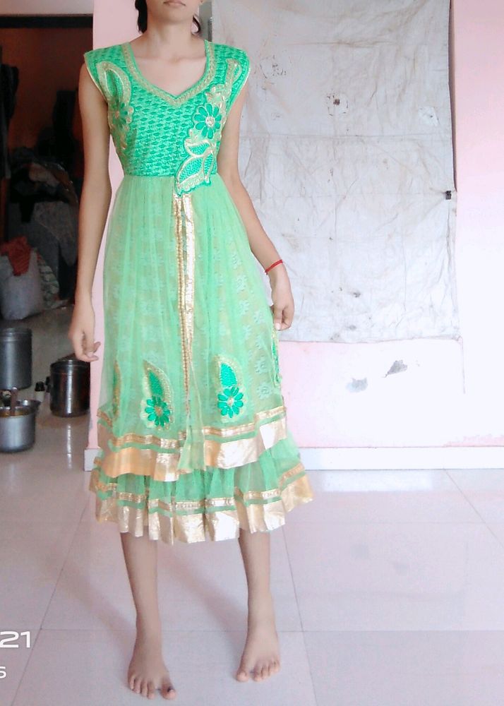 Women > Ethnic Gowns | Detailing Green Net Dress | Freeup