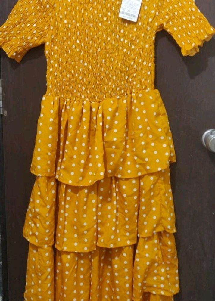 Women > Dresses | Yellow Polka Dot Smoked Midi Dress | Freeup