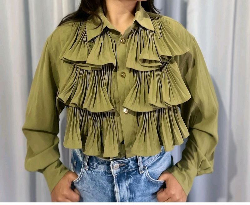 Women > Tops & Tunics | Olive Green Ruffle Top | Freeup