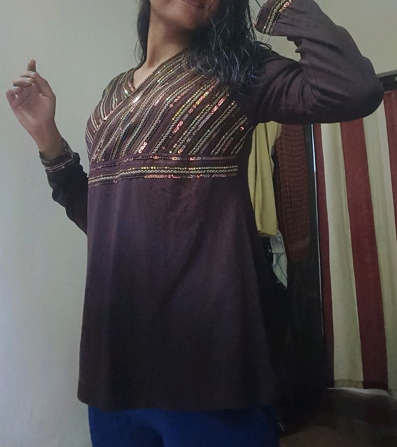 Women > Tops & Tunics | Dark Brown Sequin Top | Freeup