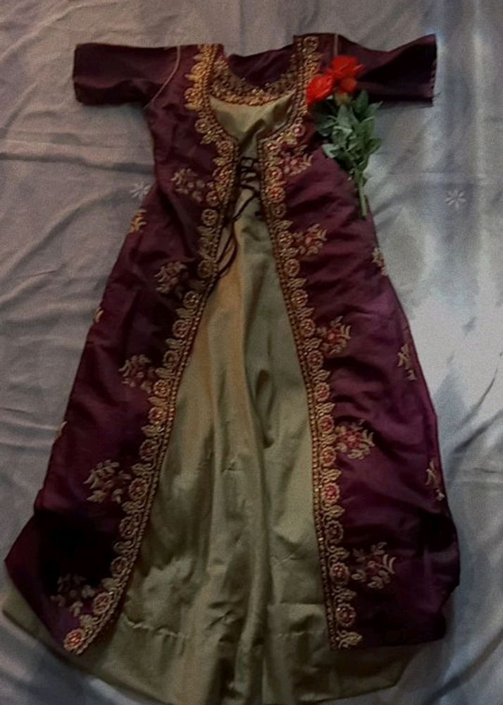 Women > Ethnic Gowns | Purple And Peach Aesthetic Banarasi Silk Frock ...