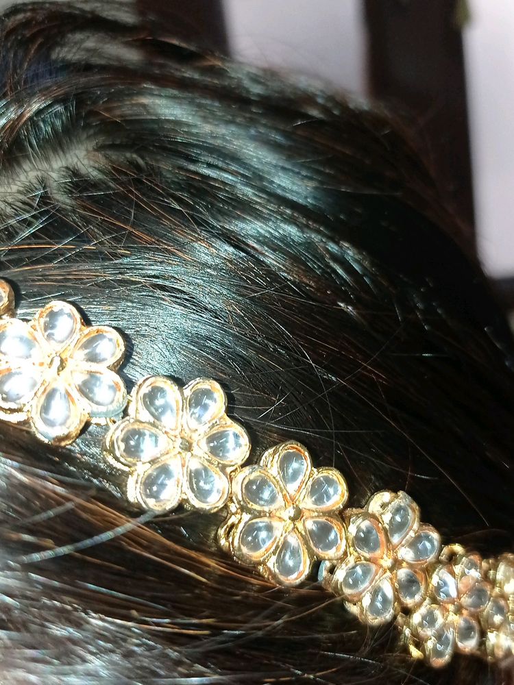 Women > Kamarbandh & Maangtika | Golden Hair Accessory With White ...