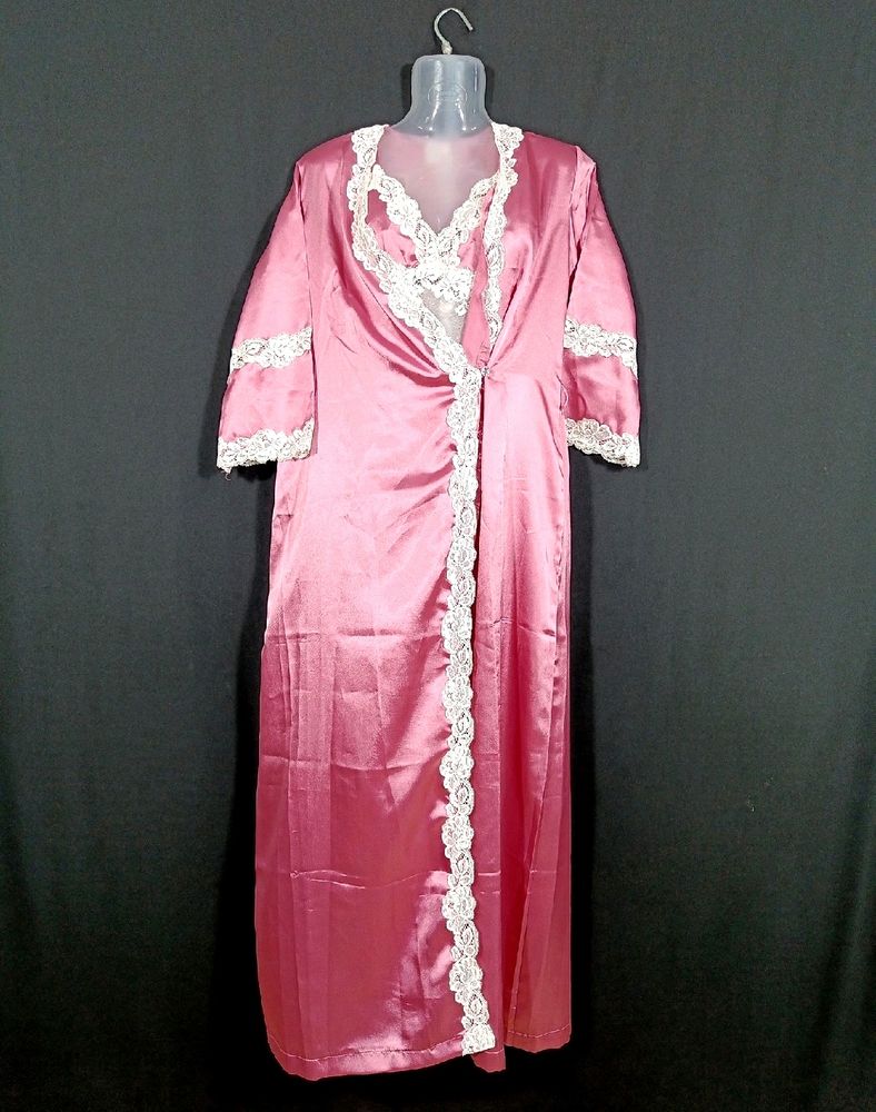 Women > Robes | Pink Satin Night Gown Set With Robe | Freeup